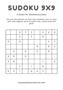 Sudoku 9x9 Printable A4 Game - Help My Kids Are Bored