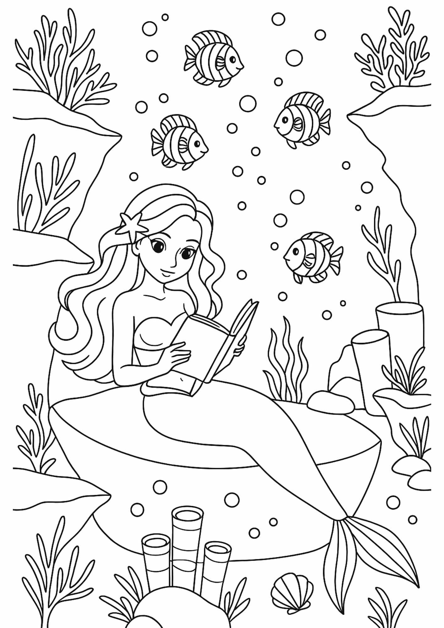 Free Mermaid Reading Under the Sea Coloring Page – A Calm, Creative ...